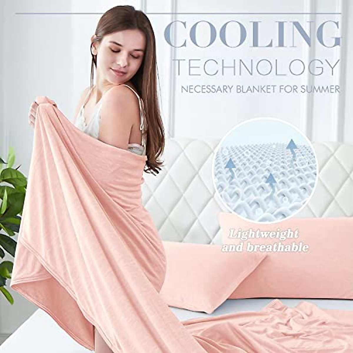 Cooling Weighted Blanket 59 X 79in Queen Sized Blanket, Japanese Q-Max 0.4 Technology Mica Nylon with Cooling Fibers Material Blanket for Adults, Children, Babies. Keep Cooling in Summer Night-Pink