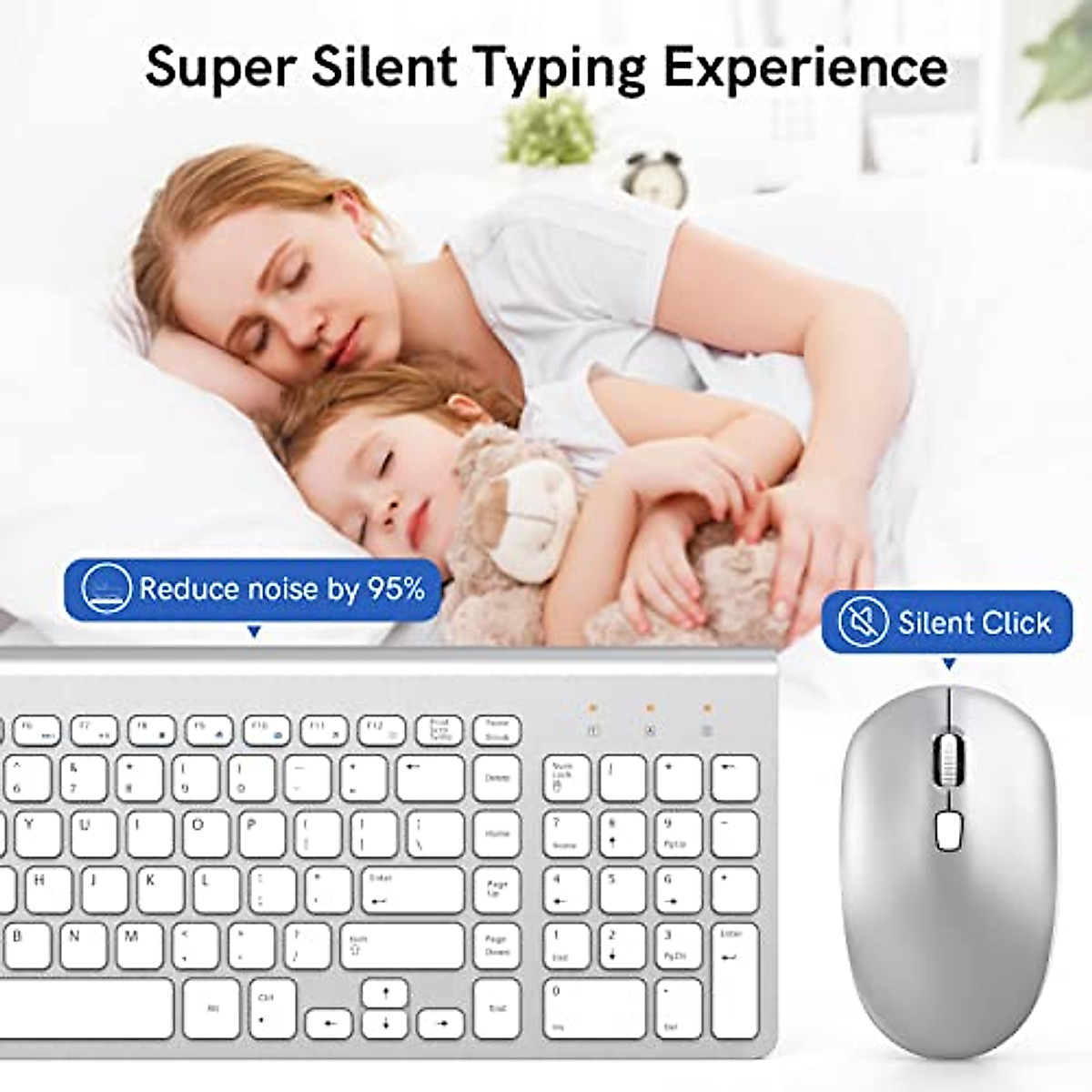 Wireless Keyboard and Mouse Combo with 7 Colored Backlits, Wrist Rest, Rechargeable Ergonomic Keyboard with Phone Holder, Silent Lighted Full Size Combo for Window, Mac, PC, Laptop (Silver and White)