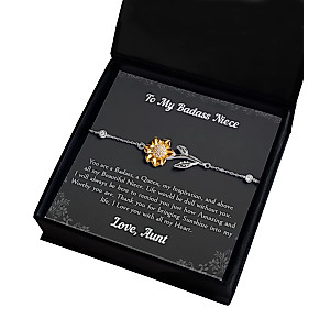 Niece Gifts From Aunt, Life To My Badass Niece Bracelet From Aunt, Sterling Silver Bracelet with 14k Gold Sunflower For Niece, Birthday Graduation, Valentines Gift For Niece