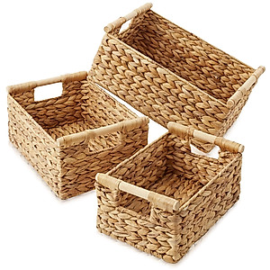 Casafield Set of 3 Water Hyacinth Rectangular Storage Baskets with Wooden Handles - Small, Medium, and Large Woven Nesting Baskets for Organizing