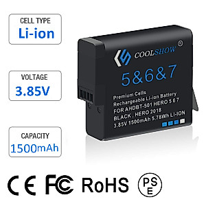 COOLSHOW Hero 7 Battery 1500mAh Replacement 2 Packs Compatible with GoPro Hero 7 Black,Hero 6 Black,Hero 5 Black,Hero(2018),AHBBP-501