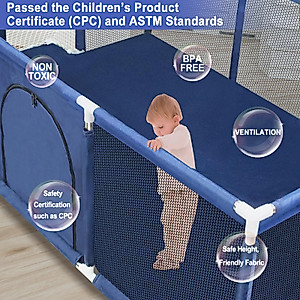 Baby Playpen, Baby Ball Pit with Gate, Safe No Gaps Kids Play Pen Activity Center Play Area w/Breathable Mesh, Non-Slip Suckers, Dark Blue(No Ocean Balls)