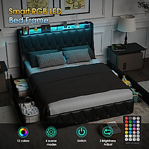 RVONOW Queen Size Bed Frame with 4 Storage Drawers, PU Leather Upholstered Bed Frame Platform with Charging Station & Storage Headboard, All Metal Slats Support, No Box Spring Needed/Noise Free/Black