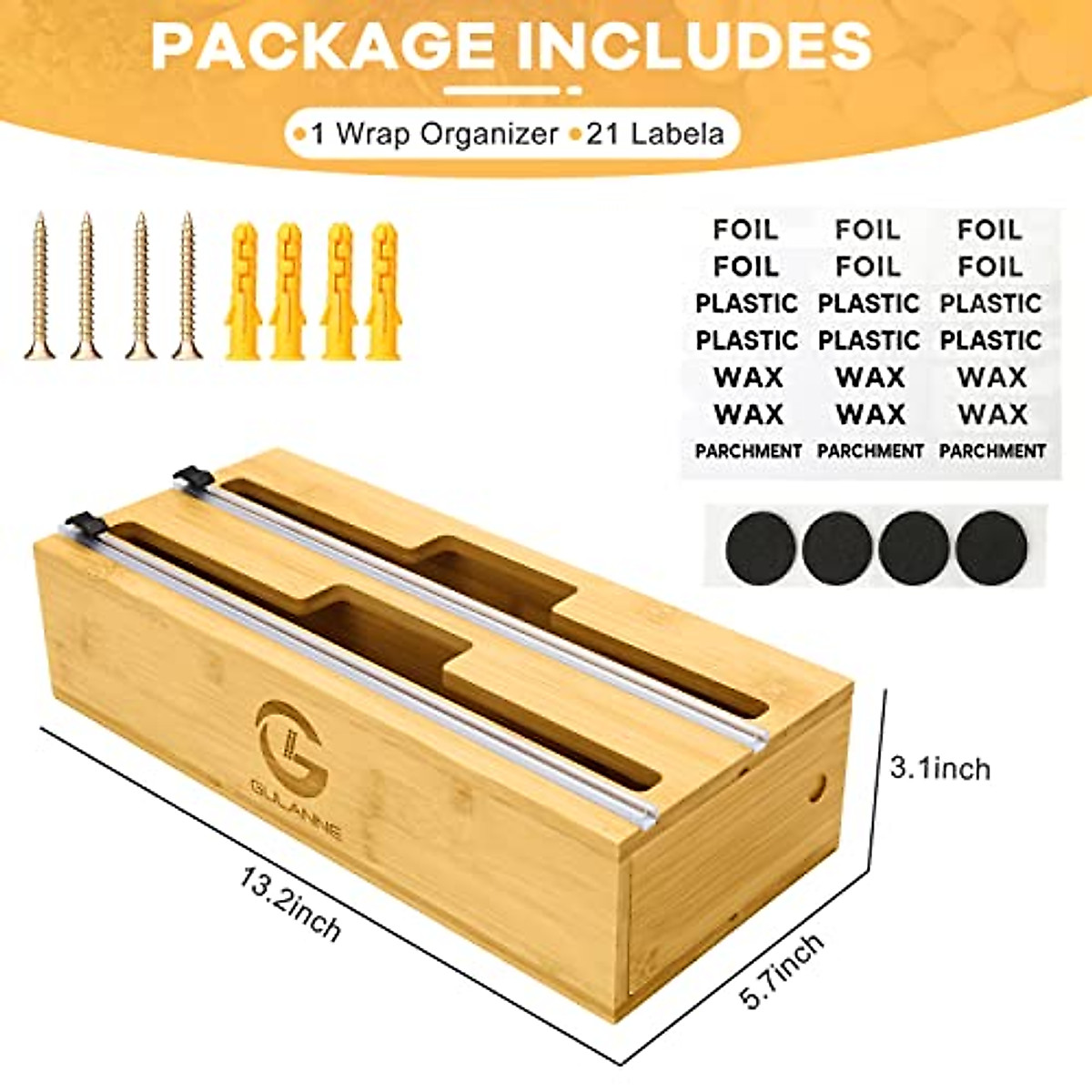 Wrap Organizer with Cutter and Labels, 2 in 1 Plastic Wrap Dispenser with Cutter,Foil and Plastic Wrap Organizer, Aluminum Foil Dispenser Organization and Storage - Fits 12" Roll