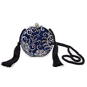 Fawzia Velvet Sequin Embroidery Wedding Clutch Evening Bags-Navy Blue
