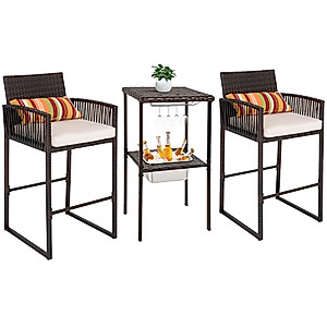 Sundale Outdoor 3 Pieces Wicker Bar Furniture Set for 2, Patio Stools and Bar Set with Glass Holder & Ice Bucket, Counter and 2 Pub Stools, High Top Bistro Dining Set, Brown Rattan and Beige Cushions