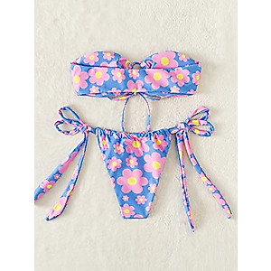 WDIRARA Women's Cutout Print Bandeau Top and Tie Side Bikini Set 2 Piece Sexy Swimsuits Blue Pink S