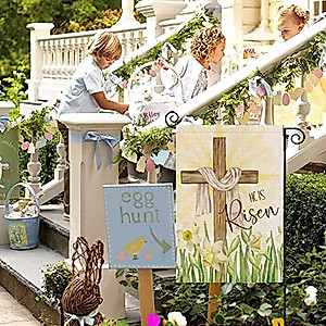 Easter Cross Garden Flag 12x18 Inch Double Sided,Religious Cross He is Risen with Narcissus,Small Spring Yard Flag for Outside Farmhouse Seasonal Holiday Outdoor Decor