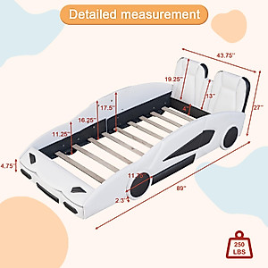 ROCKINGRUN Twin Size Bed Frame for Kids, Race Car-Shaped Wooden Platform Bed with Guardrail and Upholstered Headboard, Wheels and Support Slats, for Boys Girls Child's Bedroom, No Spring Need (White)