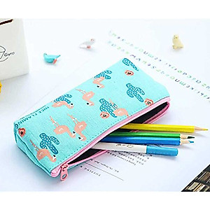 iToolai Canvas Pen Pencil Case Bag Zipper Travel Pouch Cosmetic Bags (Pack of 4, Flamingo and Cactus)