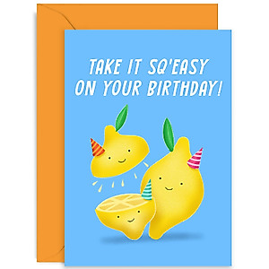 Old English Co. Take It Sq'Easy On Your Birthday Card - Funny Lemon Birthday Card Design For Him Her - Brother, Sister, Friend | Blank Inside with Envelope