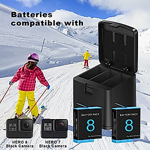 DINTYOU 2 Pack Batteries for Gopro Hero 8 7 6 5 Black Battery Charger and 3-Channel LED USB Storage Charger, Fully Compatible with Hero 8 7 Black Go Pro 5 6 7 8 1500mAh Battery