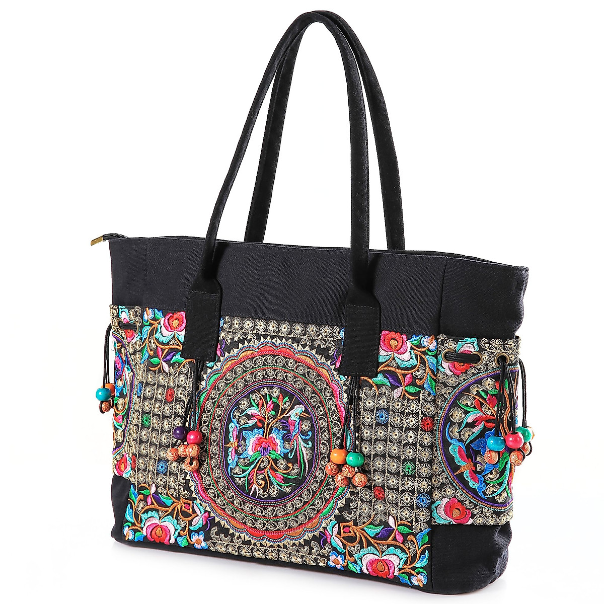 Embroidered Canvas Top Handle Handbag, Ladies Casual Vintage Shoulder Bag Fashion Tassels Handbag (Golden Flower)