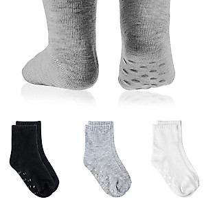 Tenpluszero 12 Pairs Non Slip Toddler Socks Crew Socks with Grips for Baby Boys Girls (Black,White,Grey, 2T/4T)