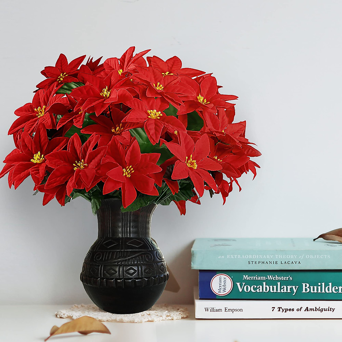 Sggvecsy Artificial Poinsettia Bouquet 7 Heads 5 Pack 15’’ Velvet Poinsettia Bush Christmas Flowers for Porch Home Garden Indoor Outdoor Xmas Decorations (Red)
