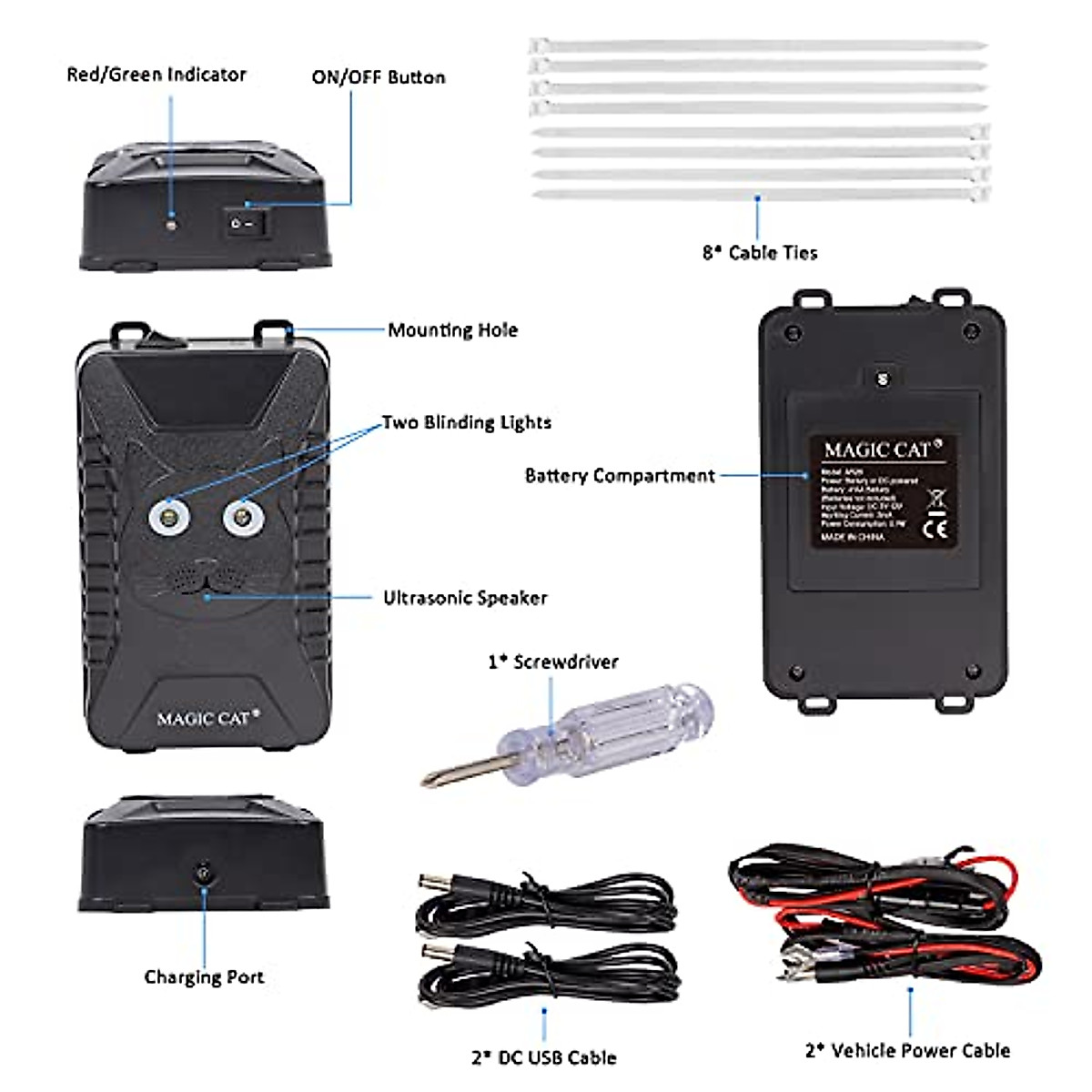 MAGIC CAT Under Hood Animal Repeller Rodent Repellent, Ultrasonic Battery Operated Rat Deterrent with LED Strobe Lights, Rodent Defense Vehicle Protection for 12V 24V Car Truck RV, 2 Pack