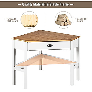 GOFLAME Computer Corner Desk, Wood Compact Home Office Writing Worstation with Drawer and Shelves, Laptop PC Corner Table for Small Space Home Office, Natural & White