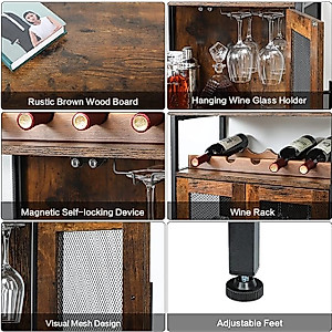 Fancial Wine Bar Rack Cabinet with Detachable Wine Rack, Coffee Bar Cabinet with Glass Holder, Small Sideboard and Buffet Cabinet with Mesh Door, Rustic Brown(Patent Pending)