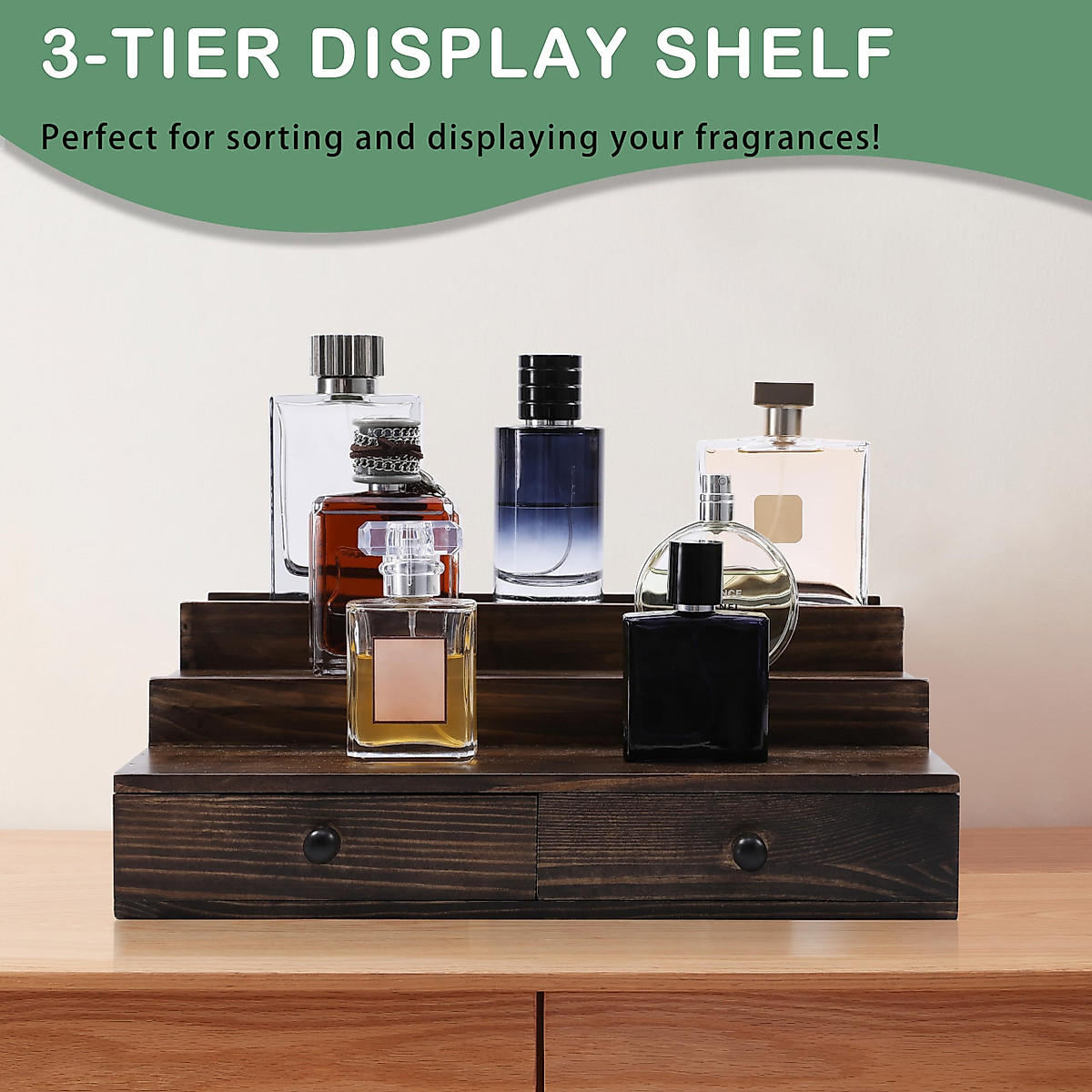 Boulphia Cologne Organizer for Men, 3-Tier Cologne Stand with Drawer and Hidden Compartment, Wooden Cologne Shelf for Perfume Display Holder, Great Gifts for Men, Vintage