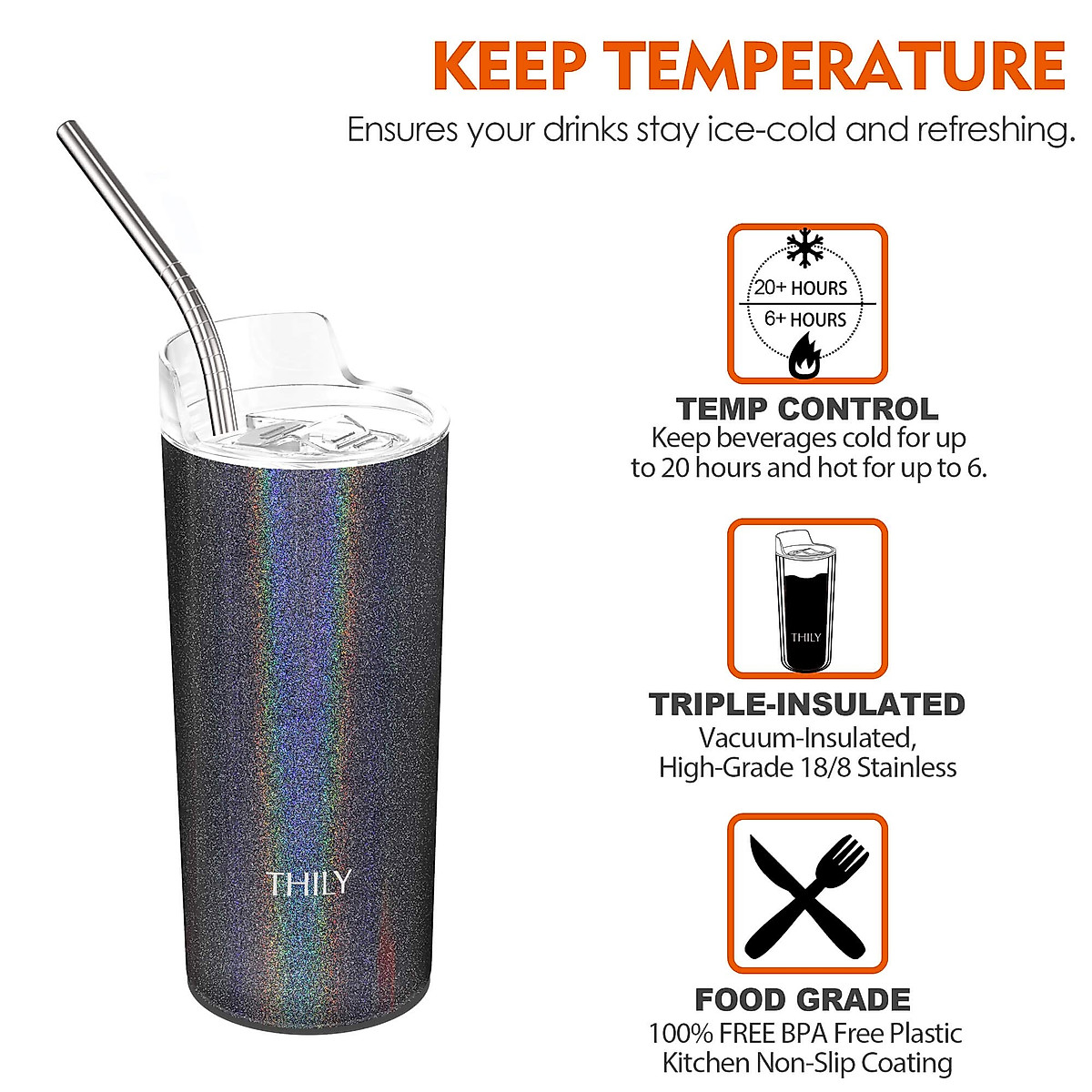 THILY Stainless Steel Insulated Skinny Tumbler 16 oz Vacuum Insulated Coffee Cup with Splash-proof Lid, Straw, Keeps Ice Drinks Cold, Glitter Gray