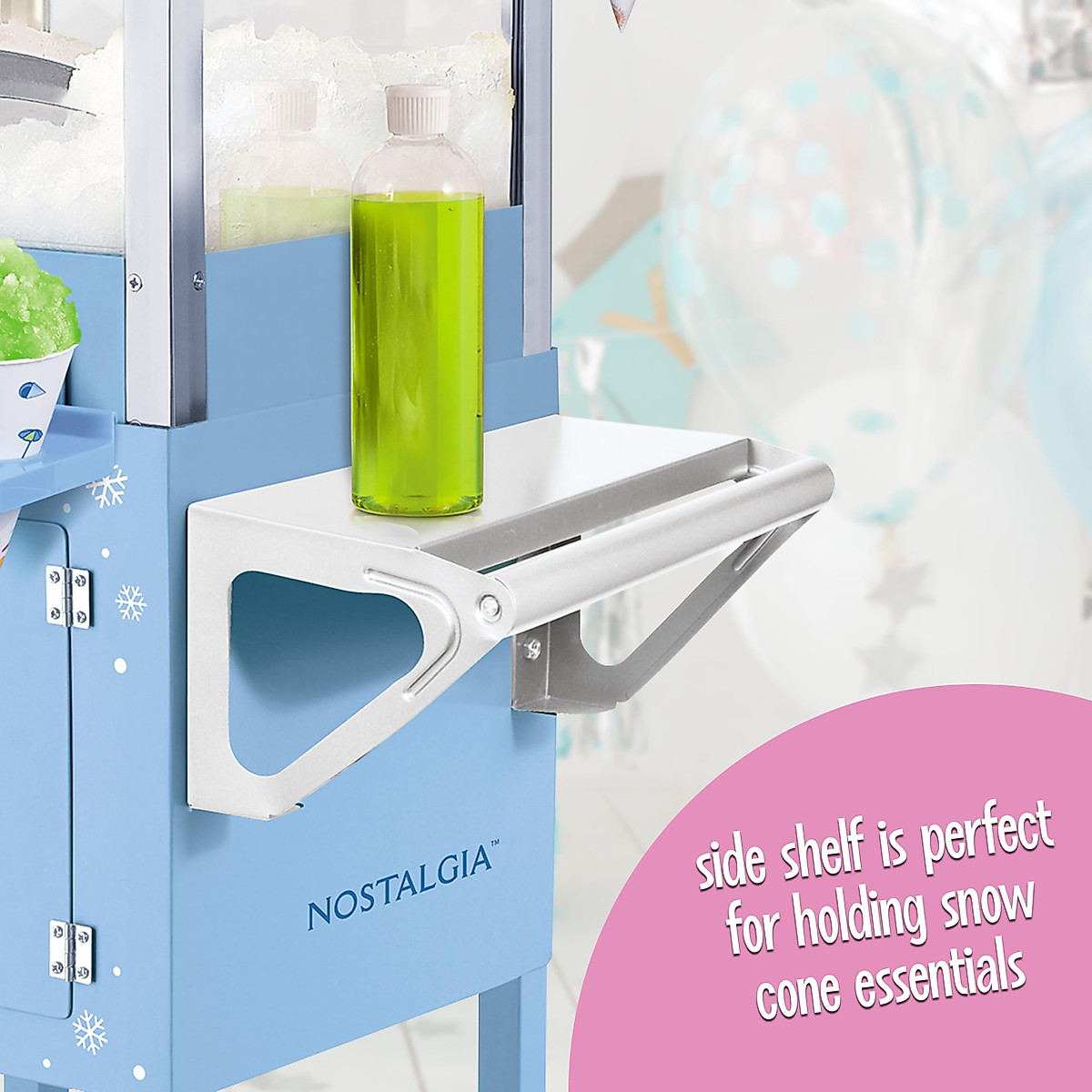 Nostalgia Snow Cone Shaved Ice Machine - Retro Cart Slushie Machine Makes 72 Icy Treats - Includes Metal Scoop, 2 Syrup Bottles, 100 Paper Cups/Spoons, Storage Compartment, Wheels - Blue, 54" Tall