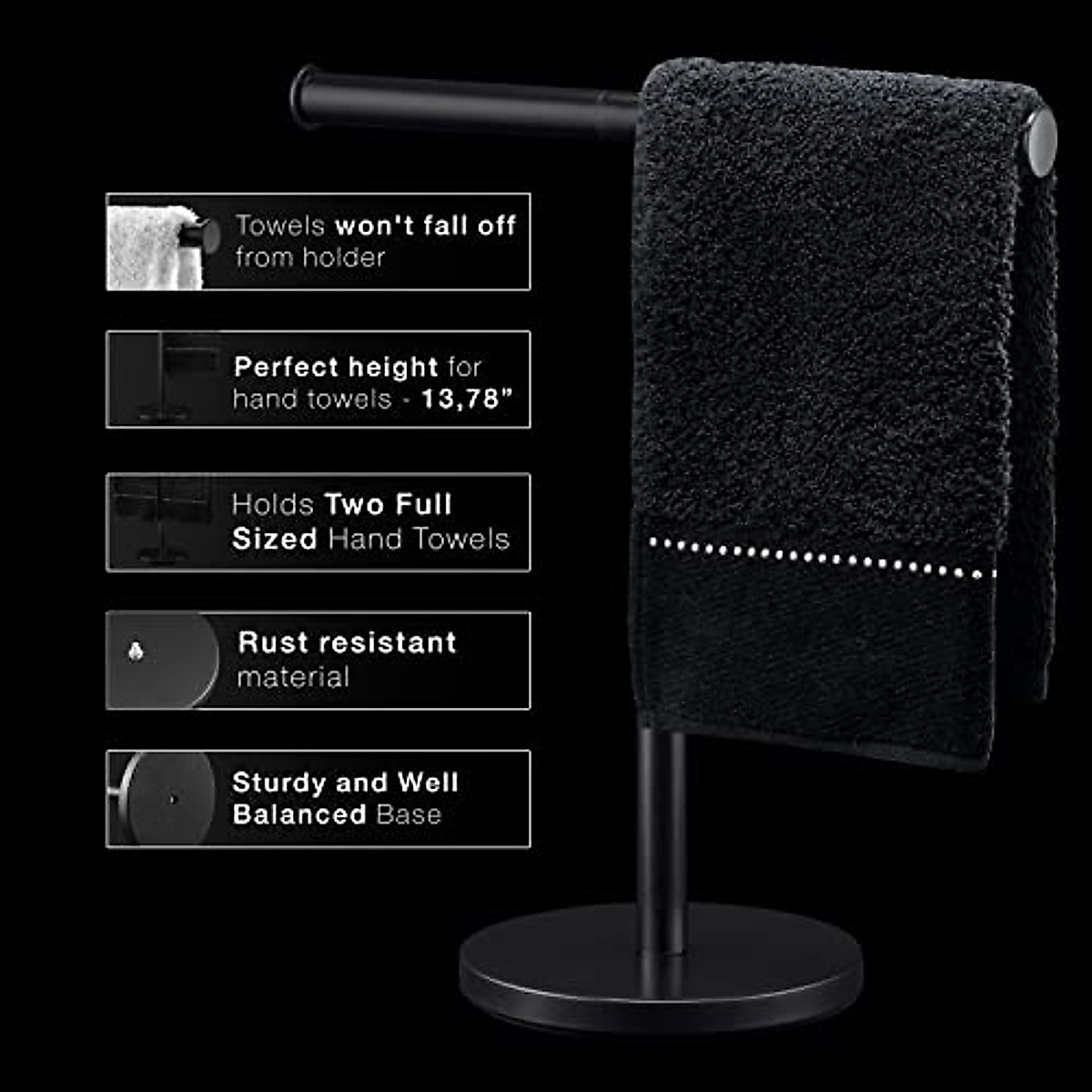 Debodda Modern Hand Towel Stand for Bathroom, Kitchen or Vanity, Height 13.78”, Free Standing Matte Black Countertop Rack with Balanced Base, Perfect Hand Towel Holder, Dual Washcloth Display