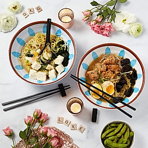 Nytana Japanese Style Large Ramen Bowl Set 60 Oz (10 Piece), 9 and Chopsticks with Spoons and Wood Stand, Ramen Noodle Bowls, Melamine Japanese Miso, Pho, Asian Cuisine, White, Blue, Brown