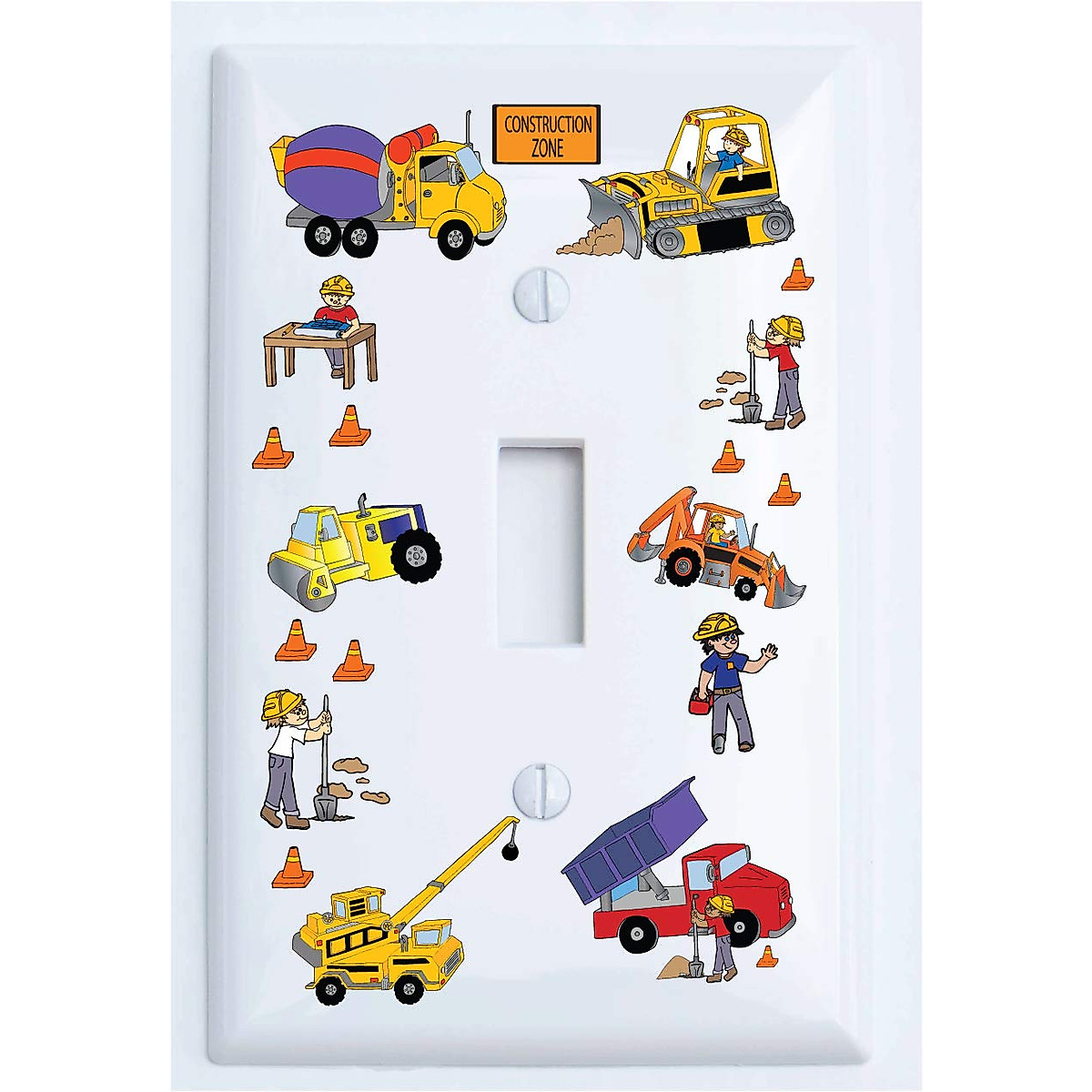 Nylon Construction Single Toggle Light Switch Wall Plates with Bulldozers, Tractors, Cement Truck, Steamroller, Crane, and Dump Truck Childrens Wall Decor. (Single Toggle)