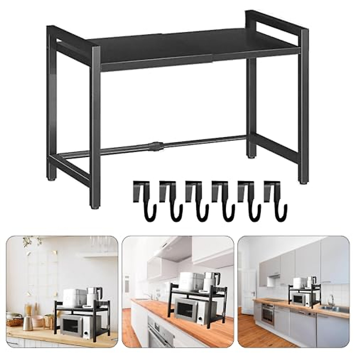 EPIPHQNY Kitchen Counter Microwave Oven Stand Expandable Shelf with Hooks Robust Carbon Steel Pots and Pans Storage Solution