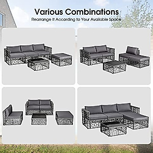 Tangkula 5 Pieces Patio Furniture Set, Patiojoy All Weather Heavy Duty Outdoor PE Rattan Wicker Sectional Cushioned Sofa Set with Tempered Glass Coffee Table and Ottoman for 4, Poolside, Garden (Grey)