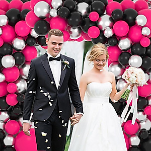 Hot Pink Black Balloon Garland Arch Kit, 122PCS Rose Red Black Hot Pink Balloons Metallic Silver Balloons for Birthday Wedding Engagement Baby Bridal Shower Anniversary Girl Spa Party Decorations