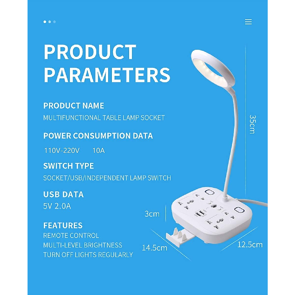 Nsiucion LED Desk Lamp, Adjustable Table Lamp Light with Remote Control, Eye-Caring Dimmable Office Lamp with 2 USB Charging Ports, 4 AC Power Outlets, Phone Stand, Multi Brightness Levels-White