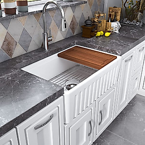 MEJE #KS 30x20 inch Apron-front Step Rim Workstation Farmhouse Kitchen Sink,Ceramic Single Bowl with Cutting Board,Grid & Strainer - White