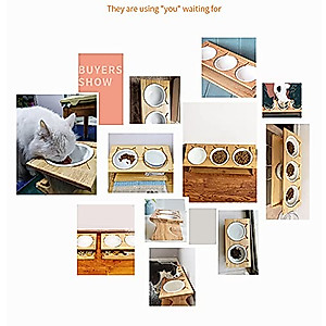 Smith Chu Premium Elevated Pet Bowls, Raised Dog Cat Feeder Solid Bamboo Stand with Ceramic Food Feeding Bowl - Cute Kitty Bowl for Cats and Puppy