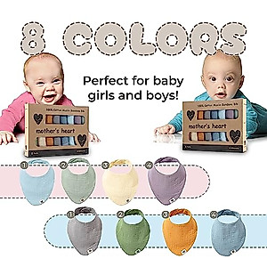 Mother's Heart Bandana Drool Bibs - Natural Cotton Muslin Baby Bibs - Highly Absorbent Polyester-Free and Plastic-Free for Teething - Set of 8 Solid Color Bandanas for Boys & Girls