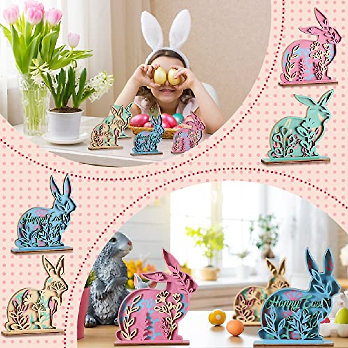 4 Pcs Easter Table Decor Bunny Wooden Signs Spring Rabbit Wood Tabletop Decorations Easter Tiered Tray Decor Bunny Freestanding Centerpiece Reversible Double Printed Bunny Table Decor with Jute Rope