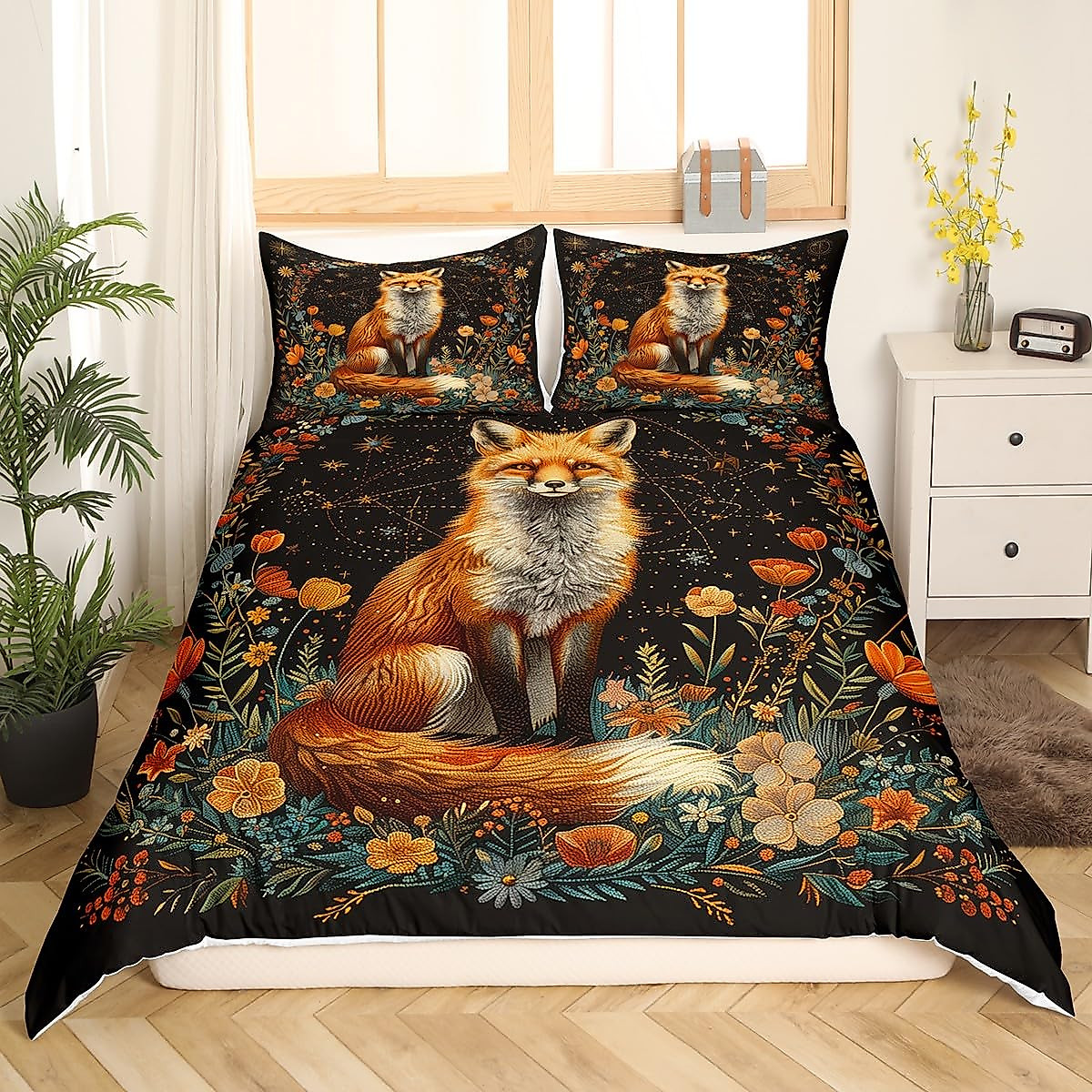 3D Fox Duvet Cover Set King Size,Twelve Constellations Botanical Comforter Cover 3Pcs,Flower Green Leaves Bedding Set for Kids Boys Teens Girls Room Decor,Wild Animal Bedspreads Cover,2 Pillowcases