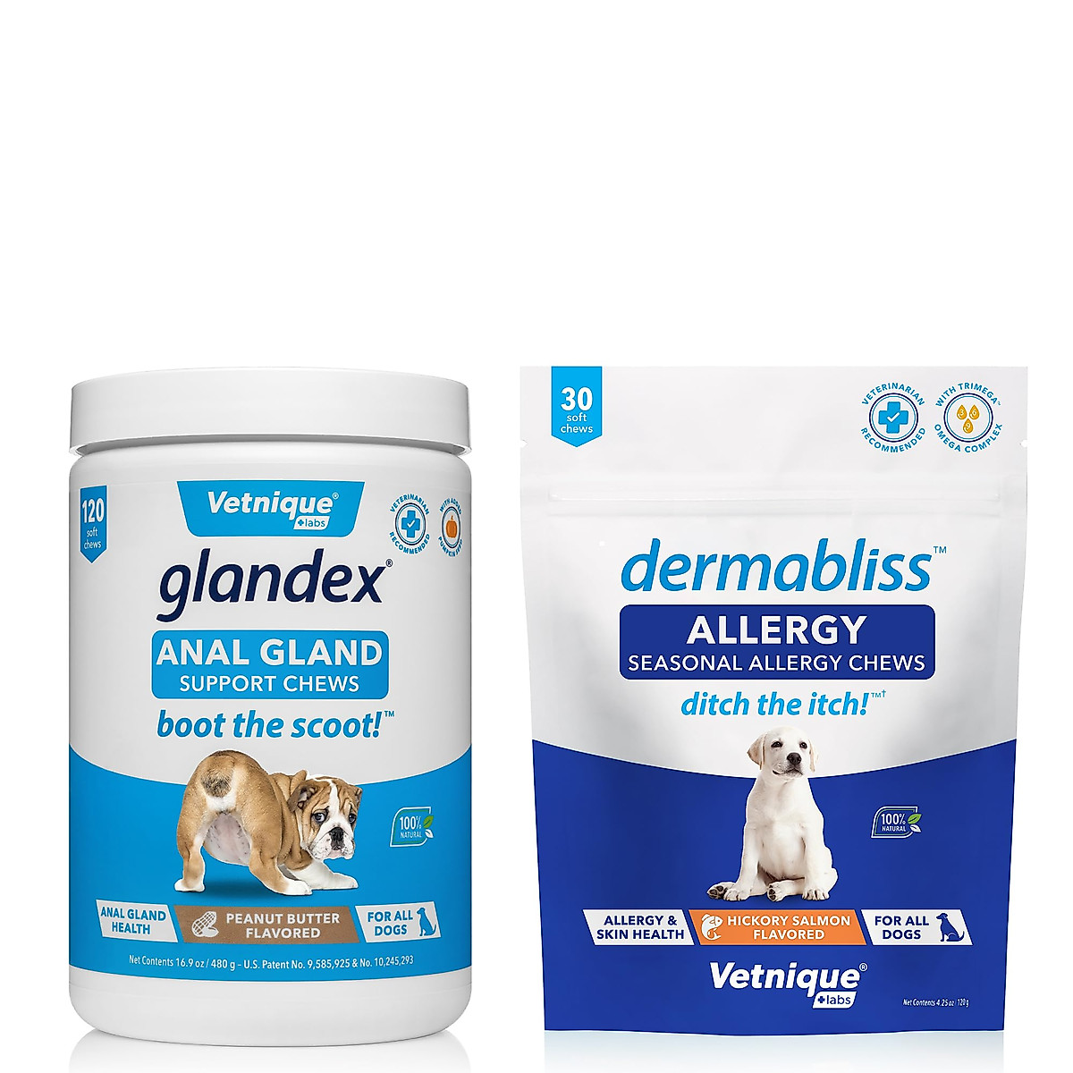 Glandex Anal Gland Support Chews 120 Ct and Dermabliss Allergy Chews 30 Ct Bundle, Peanut Butter + Hickory Salmon Flavors, Dog Vitamins and Supplements, Dog Allergy Chews, Dog Allergies Treatment
