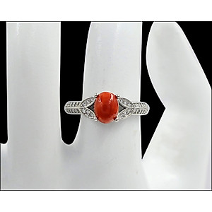 8X6 MM Oval Cut Natural Red Coral Cabochon Gemstone 925 Sterling Silver May Birthstone Solitaire Unisex Proposal Ring Birthday Gift For Wife (Yellow Gold Rhodium Plated Silver, 8)