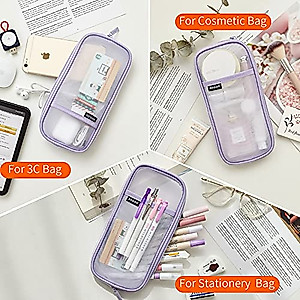 EASTHILL Grid Mesh Pen Pencil Case with Zipper Clear Makeup Color Pouch Cosmetics Bag Multi-Purpose Travel School Teen Girls Transparent Stationary Bag Office Organizer Box for Adluts(Purple)
