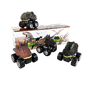 DINOBROS Pull Back Dinosaur Car Toys 4 Pack Dino Toys for 3 Year Old Boys and Toddlers T-Rex Dinosaur Games Monster Trucks