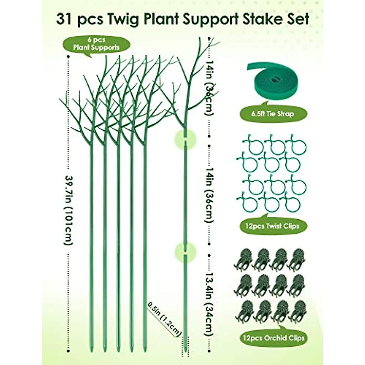 NiHome Comprehensive Plant Support Stake Set of 6 - Durable, UV Resistant 39.5" Stakes with Extension Poles, Orchid Clips & Plant Ties for Climbing Indoor & Outdoor Plants, Monstera, Pothos & More