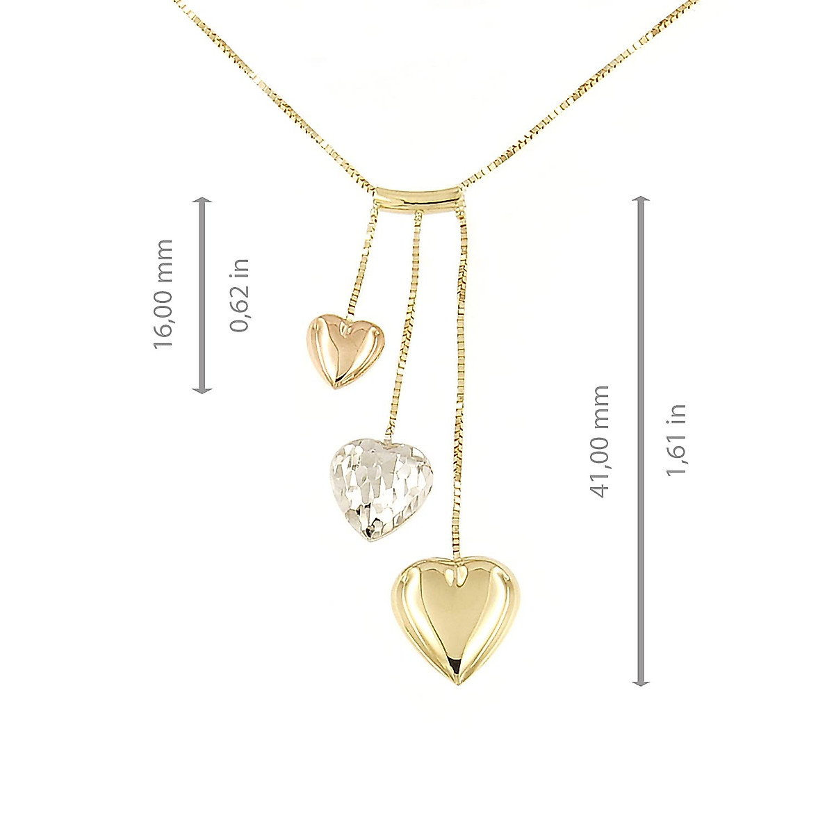 Lucchetta - Tri-Gold 3 Puffed Family Hearts Necklace, White Rose Yellow Gold Heart, Tiny Gold Chain 16+2 Inch - Gift Ready Box