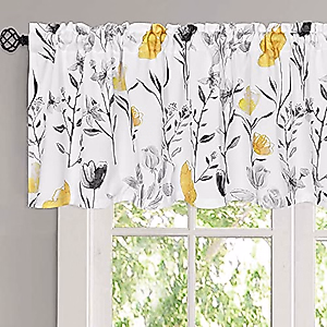 VERTKREA Valance Curtain, Yellow Flower Watercolor Valance for Window, Yellow Gray Floral Kitchen Curtains, Yellow White Rod Pocket Window Treatment Valance for Bathroom Basement, 52 x 18 Inches