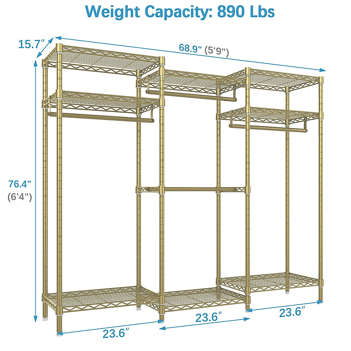 VIPEK V5i Garment Rack Heavy Duty Clothes Rack, Portable Closet Wardrobe Bedroom Armoires Freestanding Clothing Rack with 8 Adjustable Shelves & 4 Hang Rods, 68.9" L x 15.7" W x 76.4" H, Gold