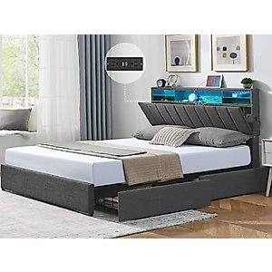 Alohappy Full Size Bed Frame with 2 Storage Drawers, LED Bed Frame with Charging Station and Adjustable Bookcase Headboard, Upholstered Mattress Foundation, No Box Spring Needed, Dark Grey