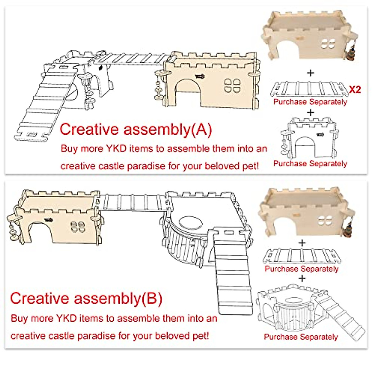 Castle Chinchilla House - Small Animal Hideout for Chinchilla Guinea Pig Hedgehog, or Rat - Ventilated Wooden Guinea Pig Hut Habitat with Multiple Doors (Large)