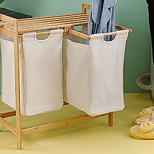 Bamboo Laundry Hamper with Shelf, Dual Compartments Laundry Organizer and Storage, Bamboo Laundry Sorter with Sliding Handles Utility Laundry Storage Organizer for Bathroom Bedroom