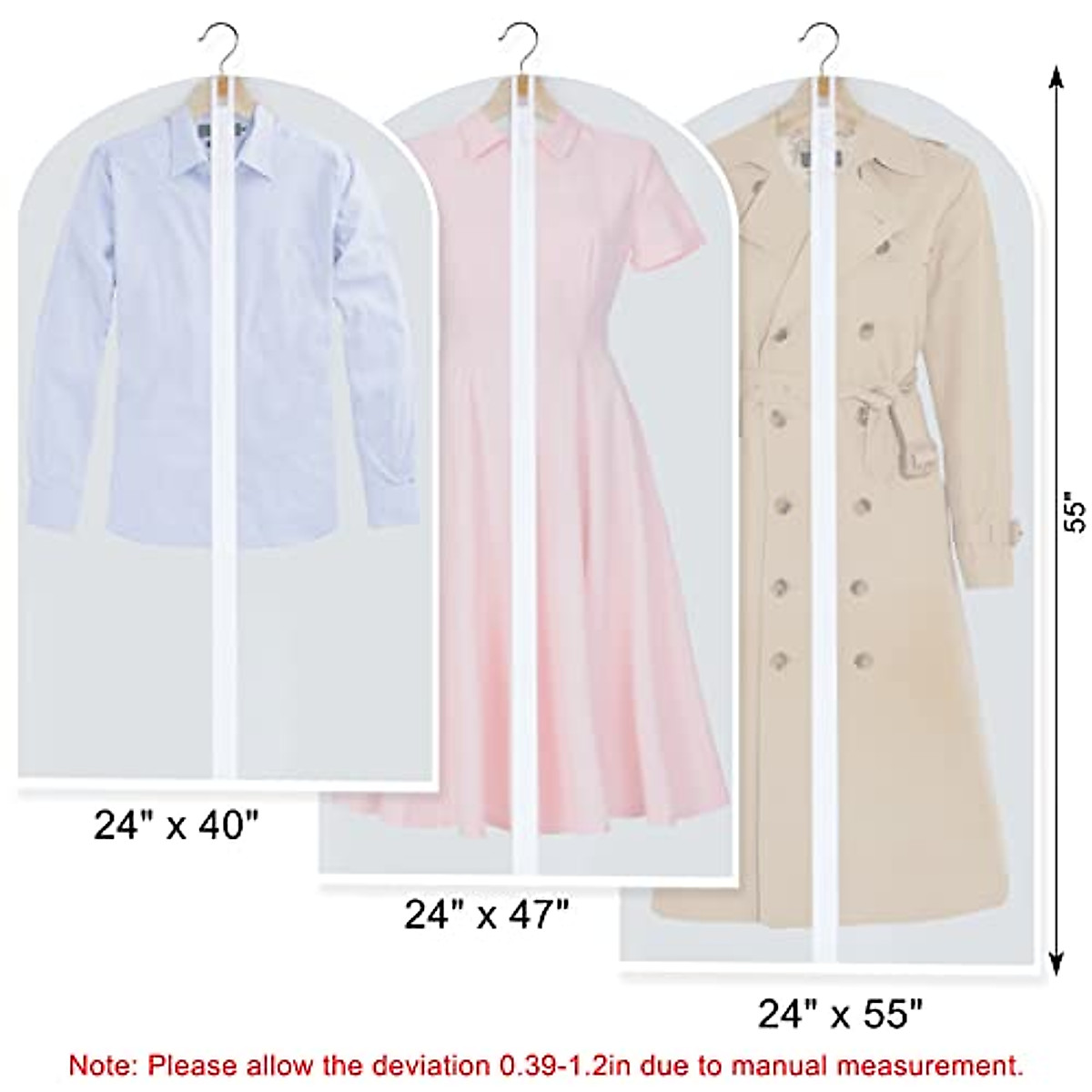 YYDSLEE Garment Bags for Hanging Clothes, Set of 12 Suit Bags Dust-Proof Clothes Cover Bags PEVA Moth-Proof Breathable Clothes Protectors with Full Zipper for Closet Storage, 24” x 40”/47”/55”