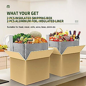 XCLBTFDC Insulated Shipping Boxes with Aluminum Foil Insulated Liner, Styrofoam Cold Delivery Carton Cooler Box with Thermal Bag Liner for Shipping Frozen Food,Moving,Mailing (2 Sets-14"X 11.5"X 9.6")